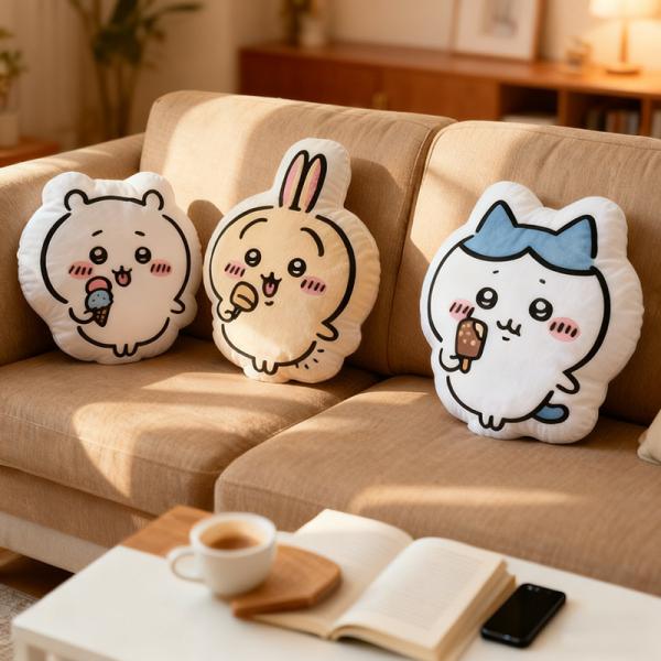 うさぎ、ハチワレ、モモンガなど人気キャラクターの可愛いデザイン。ふわふわの柔らかい素材を使用し、抱き心地抜群。お昼寝のお供はもちろん、テレビを見るときや読書のお供にもぴったりです。子供から大人まで使えるサイズ感で、リラックスタイムを癒しの空...