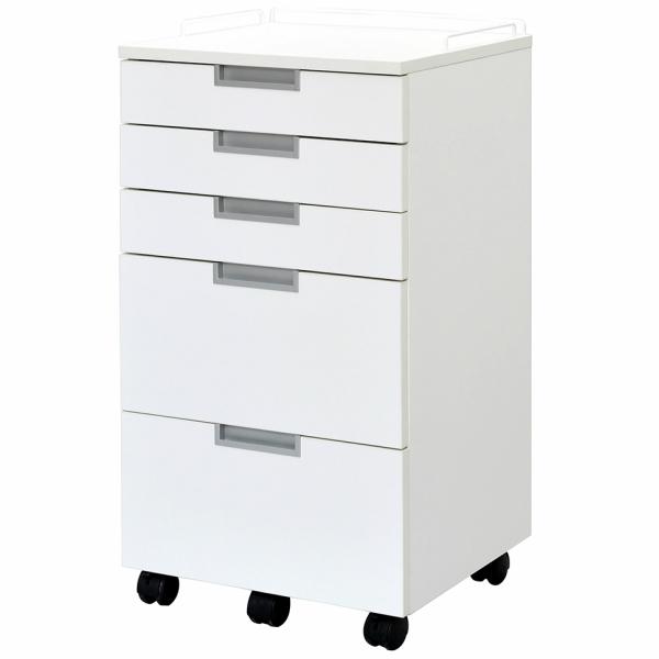 【特徴】■　歯科医院、クリニック向けのハイタイプワゴン5段ホワイトです。■　天板面にスチール製の落下防止バー付き。キャスターは5つの内2つにストッパーが付いています。■　転倒防止のため上段3段は2/3程度が引き出し可能、中段(4段目)下段(...