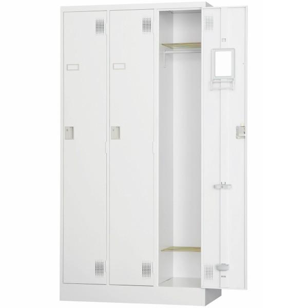 外寸:W900×D515×H1790(mm)材質：スチール質量:43.4kgカラー:ホワイトグレー付属品:タオル掛け付鏡、傘立て、滴受け、網棚、コートフック、ハンガーパイプ【関連キーワード】ロッカー ろっかー スチールロッカー すちーるろっ...