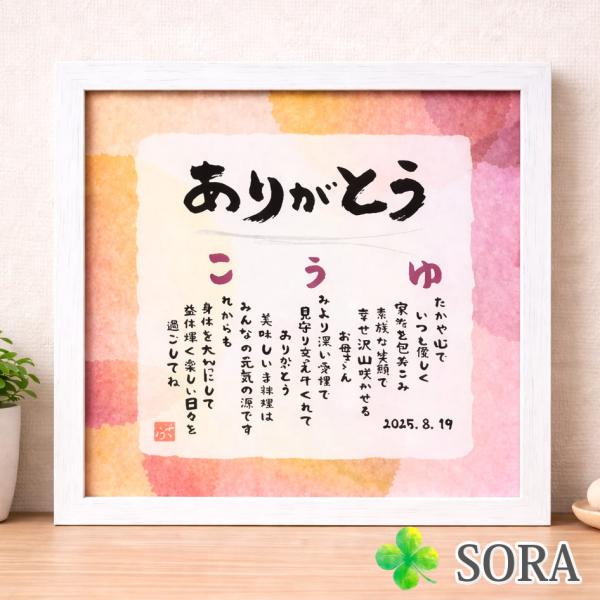 お誕生日や母の日、父の日、送別、退職祝いなどにお名前から世界にひとつの詩をお作りいたします。【サイズ】高さ22ｃｍ×幅22ｃｍ【材質】　木製　ガラス■こちらの商品は手書きではなく、フォントを使用しております。■お一人様（苗字を除く）での作成...