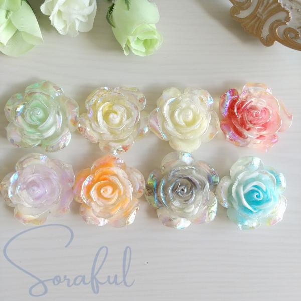デコパーツ ホログラムカラーの薔薇カボション バラ ローズ 大きめ 32mm 4個 貼付けパーツ D-0140