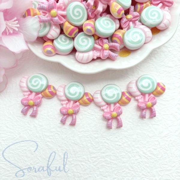 デコパーツ ゆめかわロリポップ 渦巻きキャンディー ピンク リボン 4個 貼付けパーツ D-0149