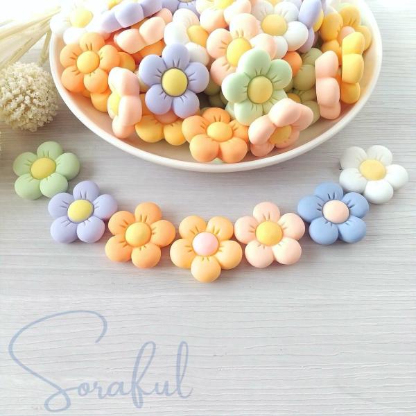 デコパーツ ぽってりパステルカラーフラワー カラフル 花 ぷっくり 4個 貼付けパーツ D-0477