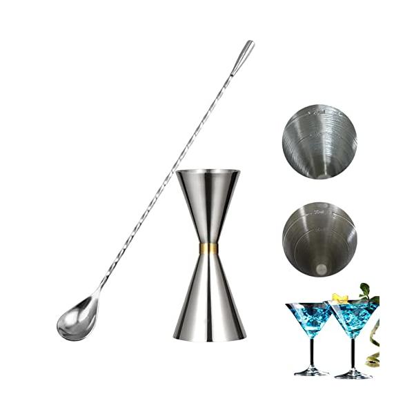 【商品仕様】30ml/45mlオンスカップ1個、30cmバースプーン1個。【ステンレス鋼素材】高品質のステンレス製、防錆、無錆、安全衛生、無毒で無味の食品グレードの素材。安心してお使いください。【オンスカップ】ダブルヘッドデザイン：小さなヘ...