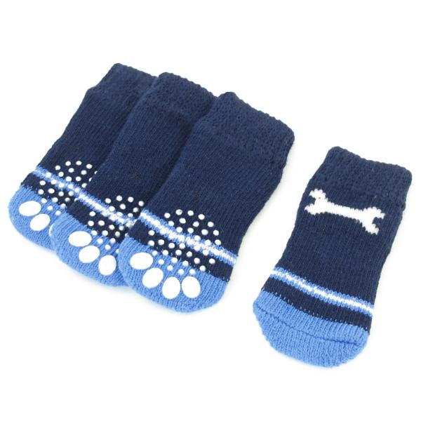 【本商品は海外出荷】お届けは通常20-30日を頂いております。商品名: 犬用靴下 ;フラットサイズ(各) : 75 x 30mm（長さｘ最大幅）口ゴム部のガース: 6cm;材質:アクリル色:ツートンブルー重量: 18gパッケージの内容：4個...