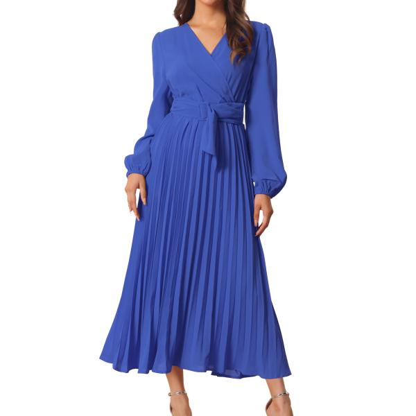 【本商品は海外出荷】お届けは通常20-30日を頂いております。綿65%、ポリエステル35%。プリーツドレスは快適な着用体験を提供し、動きと流れを提供します。特徴：ロングパフスリーブ、ラップVネック、エンパイアベルトウエスト、伸縮性のある袖口...