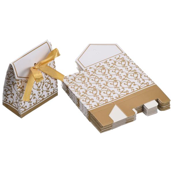 【本商品は海外出荷】お届けは通常20-30日を頂いております。カラー：金トーン；素材：紙；サイズ：8.5cmx6.7cm(L*W)；リボン長さ:50cm；パッキングリスト:100個xキャンディボックス、100個xリボン。利点：エレガントな表...