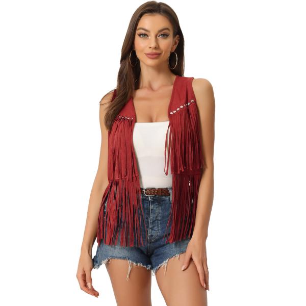 【本商品は海外出荷】お届けは通常20-30日を頂いております。フェイクスエード、フリンジトリム、ノースリーブ、オープンフロント、リベット付きカントリーミュージックフェスティバル、競馬場、パーティー、クラブ、ゴシック、コスプレ服、ストリートス...