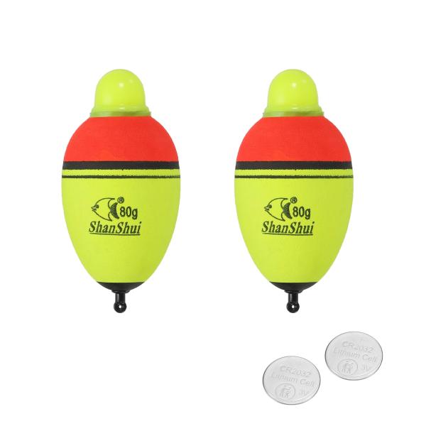 【本商品は海外出荷】お届けは通常20-30日を頂いております。素材：EVA、電源: CR 2032 (2個入り)、浮遊量:80g / 2.8 oz、直径：50 mm、全長：105 mm、パッキングリスト:2 x ライト付きフィッシングスリッ...