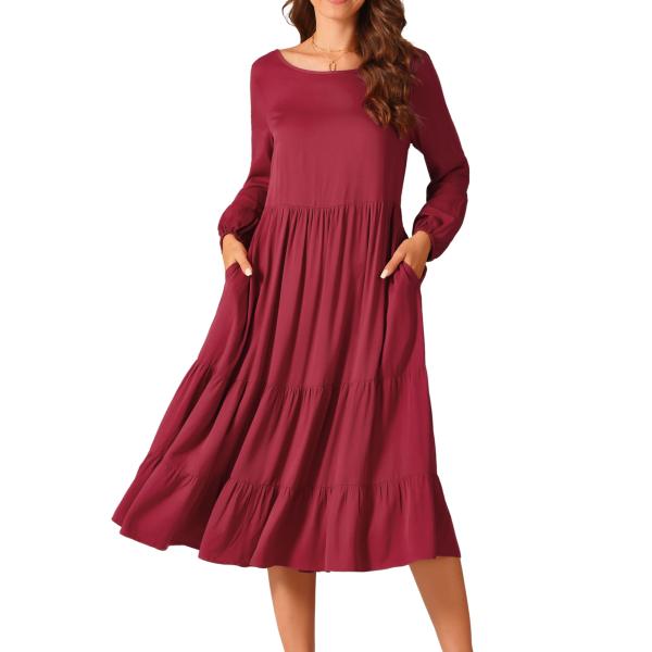 【本商品は海外出荷】お届けは通常20-30日を頂いております。100% レーヨン。レディースの A ライン マキシ ドレスは柔らかくて着心地がよく、一日中着ても快適です。特徴: ラウンドネック/長袖/ティアードドレス/ポケット2つ/ロングド...