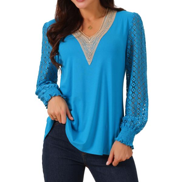 【本商品は海外出荷】お届けは通常20-30日を頂いております。レーヨン 65%、ポリエステル 30%、スパンデックス 5%。このカジュアル トップスは伸縮性があり、快適な着心地を提供します。特徴: 長袖/レースVネック/ハローアウトスリーブ...