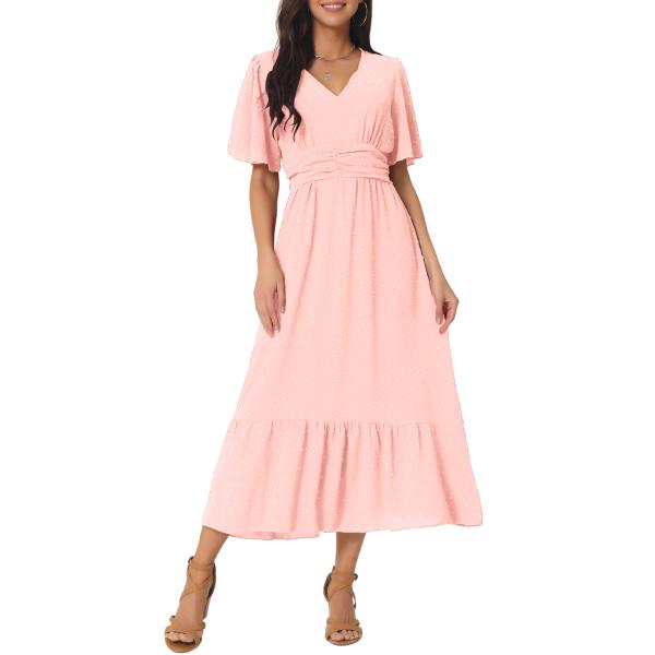 【本商品は海外出荷】お届けは通常20-30日を頂いております。ポリエステル100％。カジュアルドレスは、軽量な生地で作られており、季節を問わず最適です。特徴：フリルスリーブドレス/Vネックサマードレス/ミディドレス/ティアードビーチドレス/...