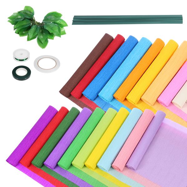 【本商品は海外出荷】お届けは通常20-30日を頂いております。数量と寸法:パッケージには 花作り用のクレープ紙が20ロール含まれており 各ロールの寸法は2.5 m x 25cmです。また 花の鉄線の茎50個 葉20枚 テープ2個 鉄線のロー...