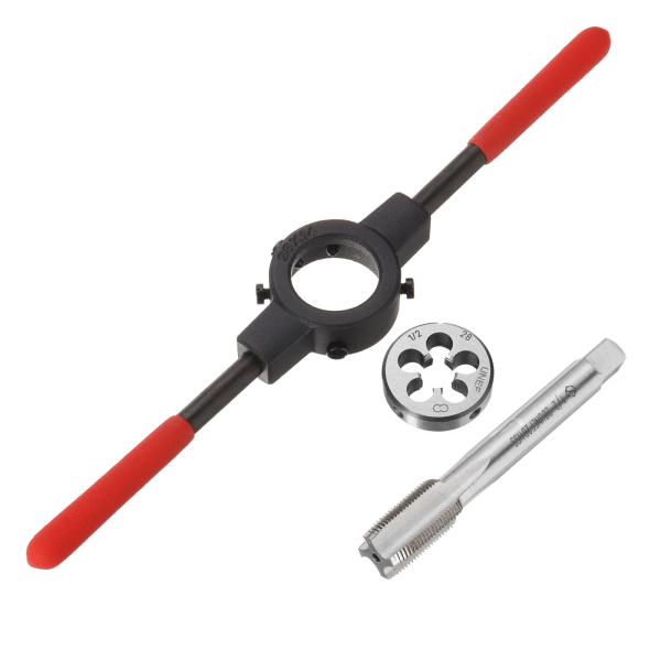 【本商品は海外出荷】お届けは通常20-30日を頂いております。タップ＆ダイセット: 1/2-28 UNEF スレッドタップとラウンドダイ。38mm（1-1/2"）ダイ ストックはM12-M14 メトリックダイスに適合し、調整可能なネジが付い...