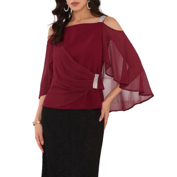 【本商品は海外出荷】お届けは通常20-30日を頂いております。ラインストーンストラップ、シフォンスリーブ、フェイクラップが特徴の Womlayout のコールドショルダートップスを着て、あなたの魅力をアピールして、群衆の中で輝くスターになり...