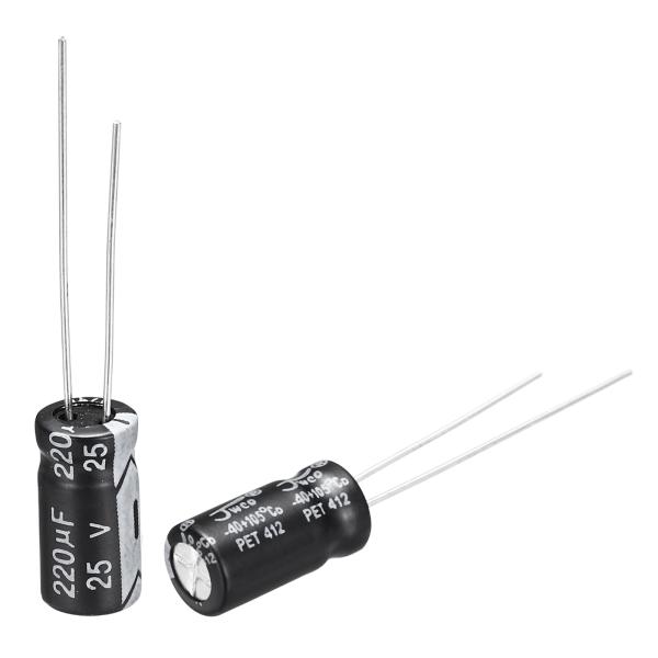 【本商品は海外出荷】お届けは通常20-30日を頂いております。アルミニウム電解コンデンサ220uF25V15個入り広い動作温度範囲-40℃〜+105℃容量許容差:±20%外形寸法:直径6mmx長さ12mm2.5mm穴間隔対応TVVCDスピー...