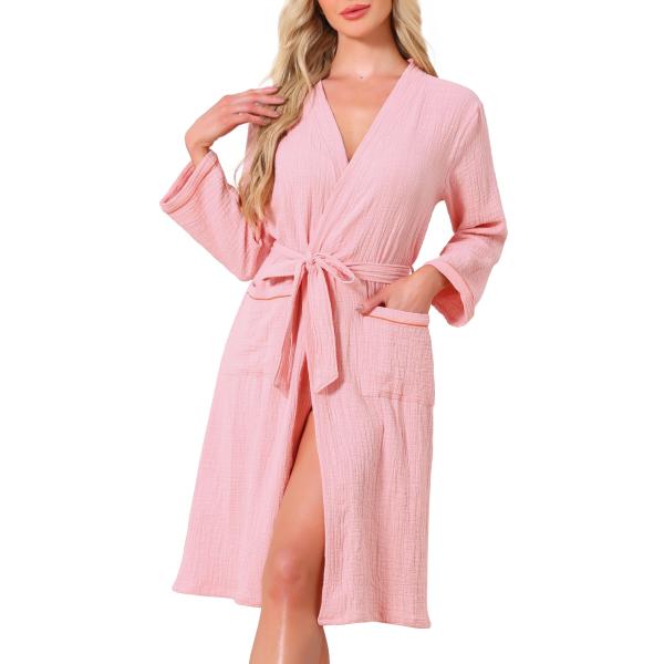 【本商品は海外出荷】お届けは通常20-30日を頂いております。素材: 綿100%。生地は柔らかく、快適で、日常生活に最適な軽量です。特徴：長袖、Vネック、ふくらはぎ丈のエレガントなコットンローブ。女性用です。2つのサイドポケットは手を温めた...