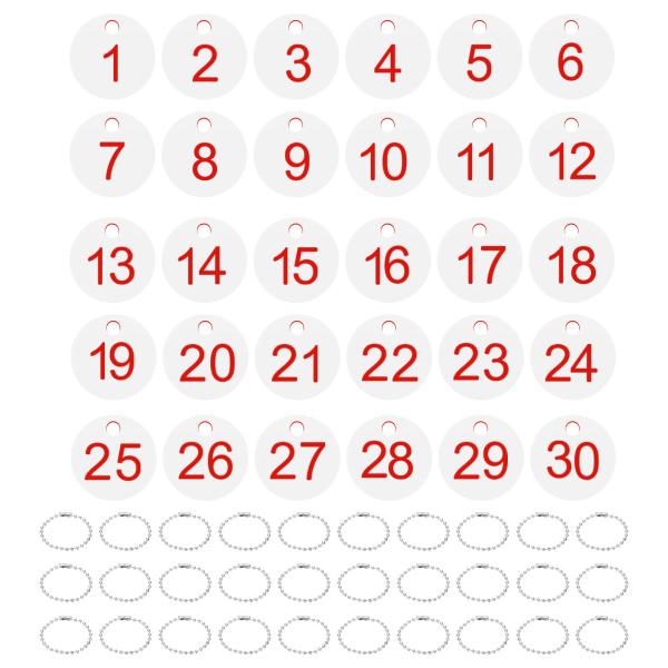 【本商品は海外出荷】お届けは通常20-30日を頂いております。カラー：赤-白；タグの直径：3.5cm；穴の直径：5mm；パッケージリスト：ナンバータグ30個利点：ナンバーキータグはA B S製で、耐摩耗性、防水性、錆びにくく色あせしにくい、...