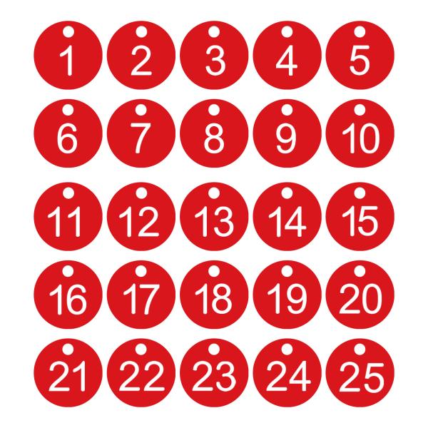 【本商品は海外出荷】お届けは通常20-30日を頂いております。カラー：ホワイト-レッド；タグ直径：3.5cm；穴の直径：5mm；パッケージリスト：25個のナンバータグ利点：ナンバーキータグはA B S製で、耐摩耗性、防水性、錆びにくく色あせ...