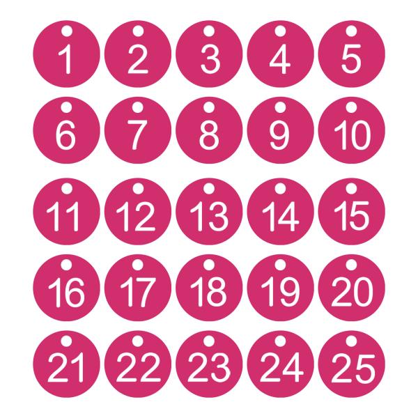 【本商品は海外出荷】お届けは通常20-30日を頂いております。カラー：ローズレッド-ホワイト；タグの直径：3.5 cm；穴の直径：5 mm；パッケージリスト：25個 x ナンバータグ利点：ナンバーキータグはA B S製で、耐摩耗性、防水性、...