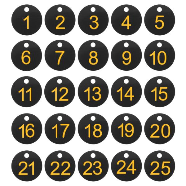 【本商品は海外出荷】お届けは通常20-30日を頂いております。カラー：イエロー-黒；タグ直径：3.5 cm；穴の直径：5 mm；パッケージリスト：25個 x ナンバータグ利点：ナンバーキータグはA B S製で、耐摩耗性、防水性、錆びにくく色...