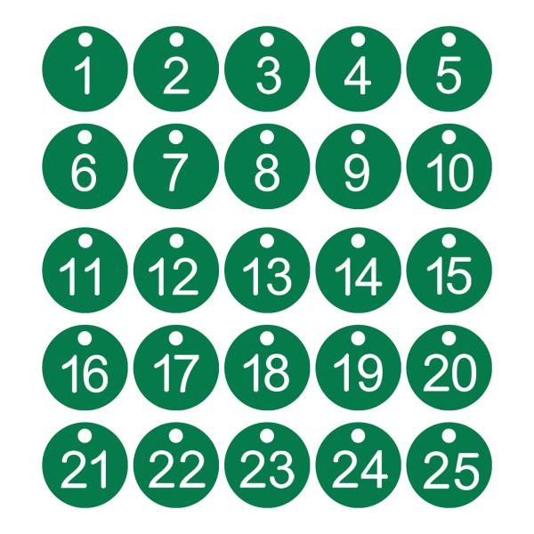 【本商品は海外出荷】お届けは通常20-30日を頂いております。カラー：ホワイト-緑；タグ直径：3.5 cm；穴の直径：5 mm；パッケージリスト：25個 x ナンバータグ利点：ナンバーキータグはA B S製で、耐摩耗性、防水性、錆びにくく色...