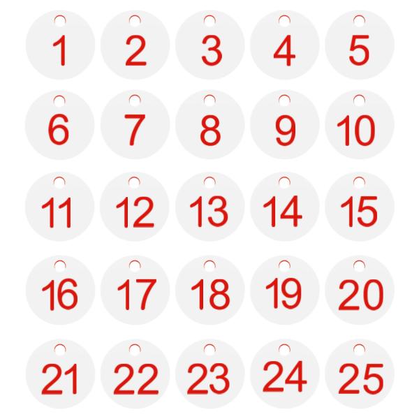 【本商品は海外出荷】お届けは通常20-30日を頂いております。カラー：赤-白；タグの直径：3.5 cm；穴の直径：5 mm；パッケージリスト：25個 x ナンバータグ利点：ナンバーキータグはA B S製で、耐摩耗性、防水性、錆びにくく色あせ...