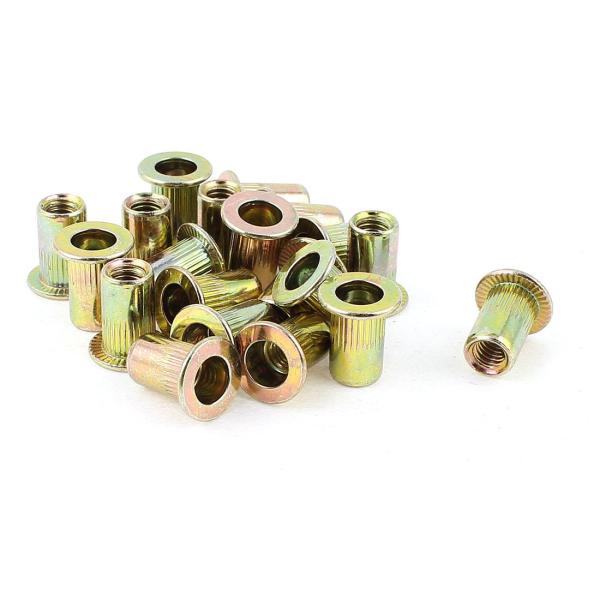 【本商品は海外出荷】お届けは通常20-30日を頂いております。製品名：リベットナット;材質：スチール仕上げ：イエロー亜鉛めっき;ボディの直径：5mm穴径：5mm;めねじ径：M4全長：11mmパッケージ内容：20×リベットナット