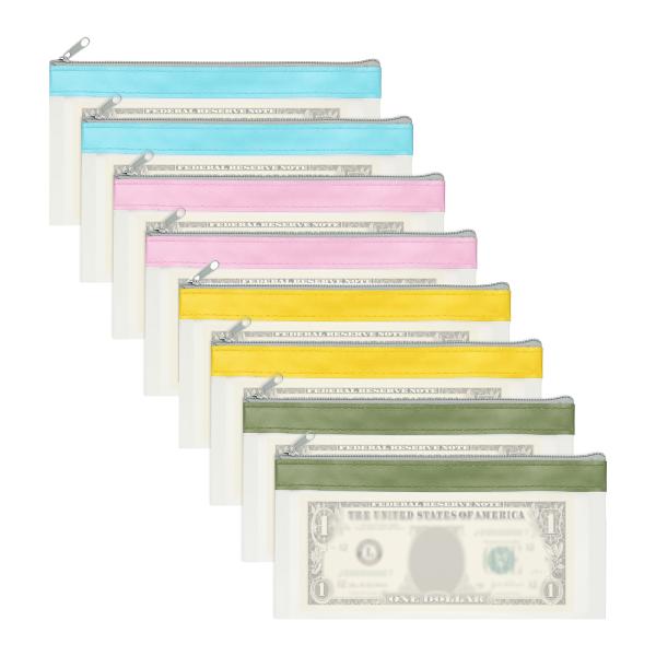 【本商品は海外出荷】お届けは通常20-30日を頂いております。カラー:ブルー、ピンク、イエロー、緑;素材:PVC;サイズ:215x105mm/8.5x4.1インチ(縦×横);同梱内容:ジッパー付きお金袋x8特徴:PVC製、クッション半透明素...