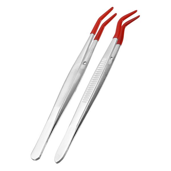 【本商品は海外出荷】お届けは通常20-30日を頂いております。サイズ：全長15.7cm(6.18インチ)、ハンドル幅9mm(0.35インチ)。カラー：銀色/赤色。精密作業用に設計された曲がりピンセット2本組です。材質：良い品質ステンレス鋼と...