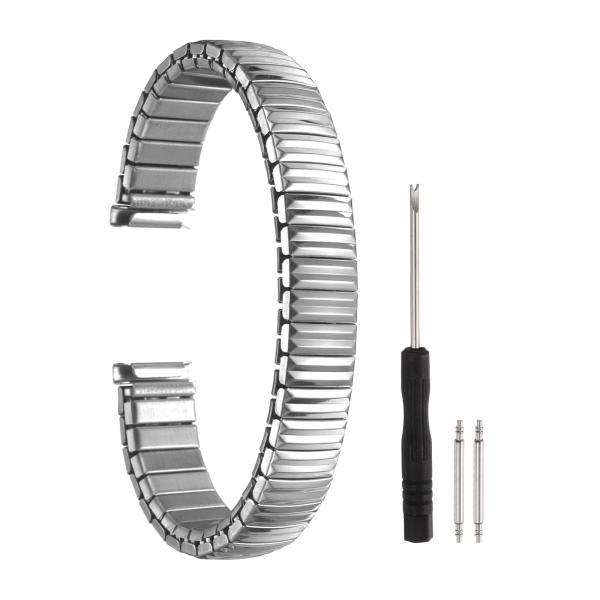 【本商品は海外出荷】お届けは通常20-30日を頂いております。サイズ - バンド幅：12mm、バンド長：シルバーインチ；パッケージ内容：1個 x 伸縮式ウォッチバンド、2個 x バネ棒、1個 x ピン取りツール。材質 - ステンレススチール...