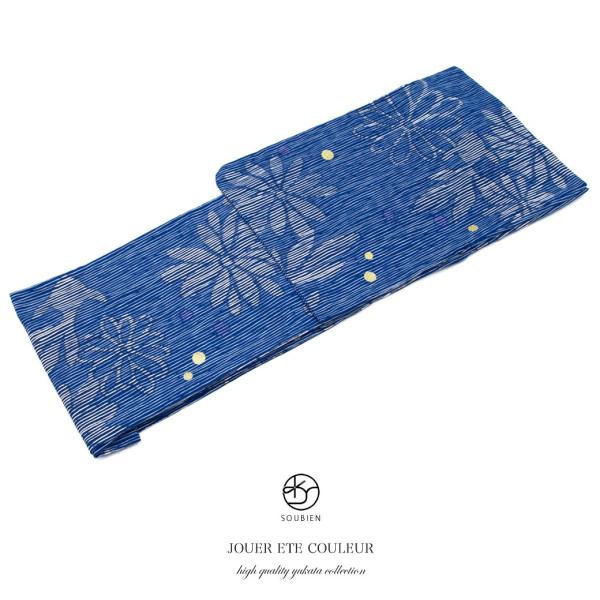 [浴衣/ゆかた/仕立て上がり]bonheur saisons 『jouer ete couleur』 レディース浴衣■色青地に生成り色等■素材綿100%■サイズ表// 身丈 / 袖丈 / 裄丈 Sサイズ// 約155cm / 約47cm /...