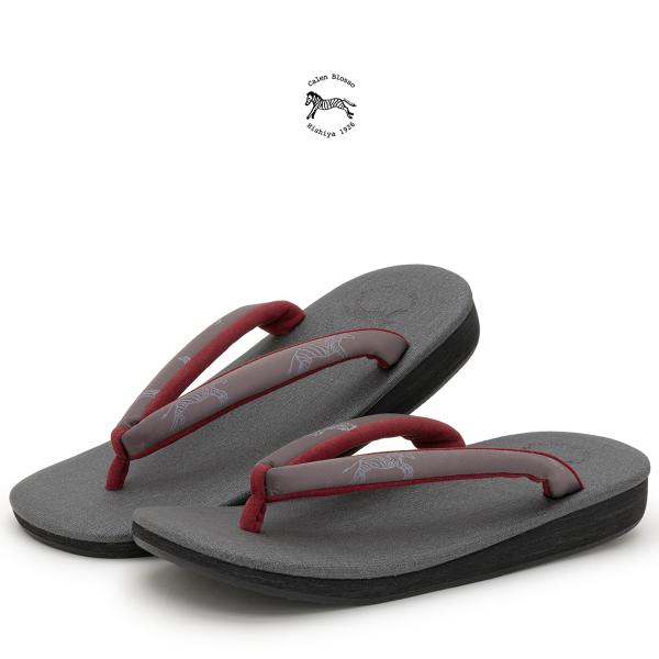 老舗の草履屋『菱屋カレンブロッソ』のZETTA■色天　濃い灰色台　黒鼻緒　灰色に赤■素材鼻緒素材　ポリエステル、ナイロン鼻緒裏・先つぼ　合成皮革（ポリエステル80%、ポリウレタン20%）天　PVC台　EVA（エチレン酢酸ビニルコポリマー）底...