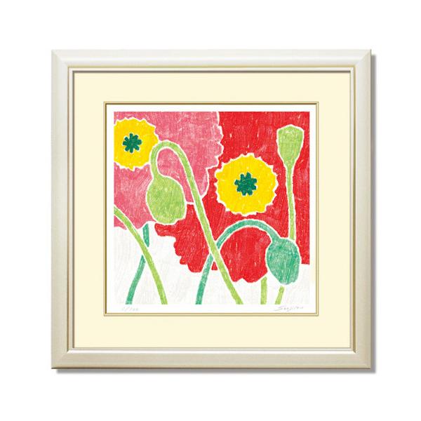 絵画 花の絵 壁掛け おしゃれ 玄関 リビング インテリア に シンプルモダンの アート！・作家：藤谷壮仁郎・作品名：大きな2 連のポピー・作品サイズ：270×270ｍｍ・額縁外寸：445×445ｍｍ・額縁：主要素材樹脂製 表面アクリル仕様...