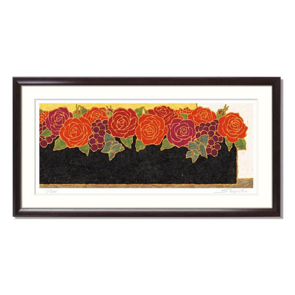 絵画 花の絵 壁掛け おしゃれ 玄関 リビング インテリア に シンプルモダンの アート！・作家：藤谷壮仁郎・作品名：赤い薔薇のアレンジメント・作品サイズ：500×195ｍｍ・額縁外寸：635×335ｍｍ 横長・額縁：主要素材木製 表面アク...