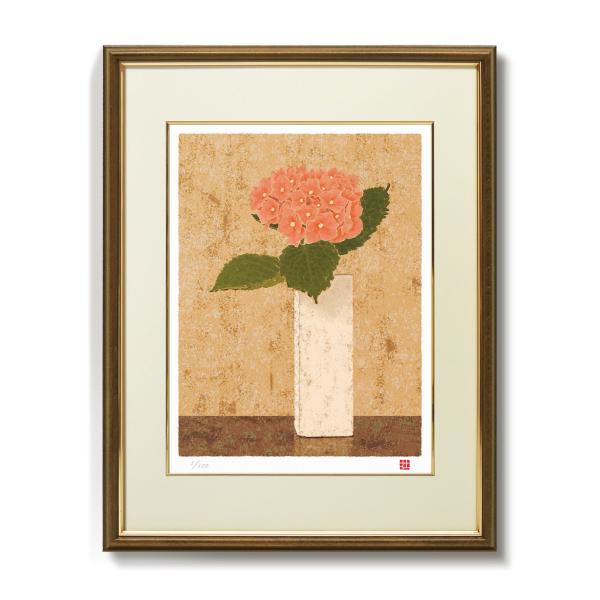絵画 版画 花 花の絵 一輪挿し 紫陽花 アジサイ 壁掛け 和風 おしゃれ 玄関 リビング インテリア に シンプルモダンの アート・作家：藤谷壮仁郎・作品名：一輪挿しと紫陽花・作品サイズ：192×255ｍｍ・額縁外寸：312×404ｍｍ　...