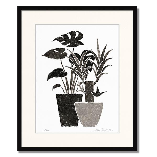絵画 壁掛け 版画 シンプル モダン インテリア に モノクロ の アートを、おしゃれ に！・作家：藤谷壮仁郎・作品名：モンステラとユッカ・作品サイズ：228×300ｍｍ・額縁外寸：370×440ｍｍ・額縁：主要素材木製 表面アクリル仕様・...
