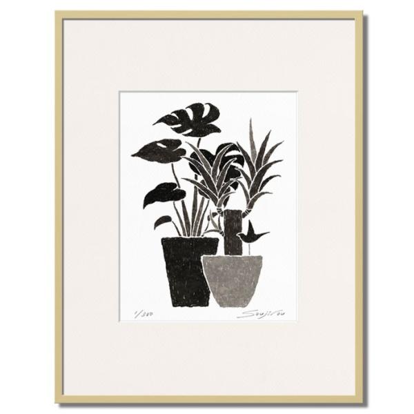 絵画 壁掛け 版画 シンプル モダン インテリア に モノクロ の アートを、おしゃれ に！・作家：藤谷壮仁郎・作品名：モンステラとユッカ・作品サイズ：300×228ｍｍ・額縁外寸：560×440ｍｍ・額縁：主要素材木製 表面アクリル仕様・...
