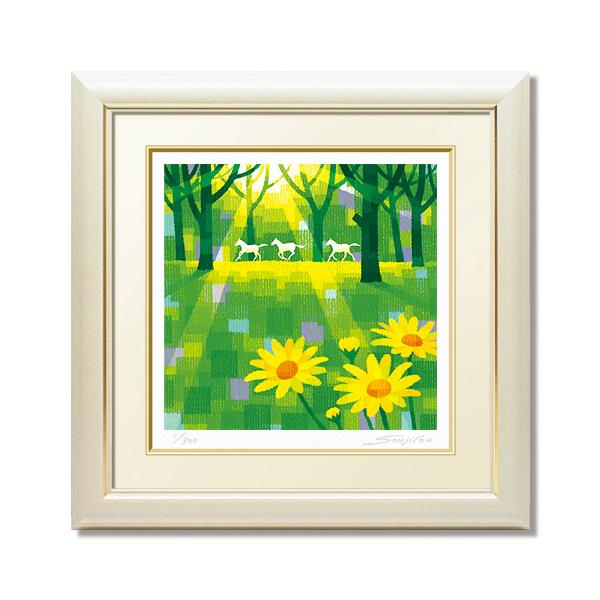 絵画 壁掛け おしゃれ 玄関 リビング にオリジナル角色面タッチの和風 風景画 の アート！・作家：藤谷壮仁郎・作品名：野原まで・作品サイズ：200×200ｍｍ・額縁外寸：350×350ｍｍ・額縁：主要素材樹脂製 表面アクリル仕様・技法：ジ...