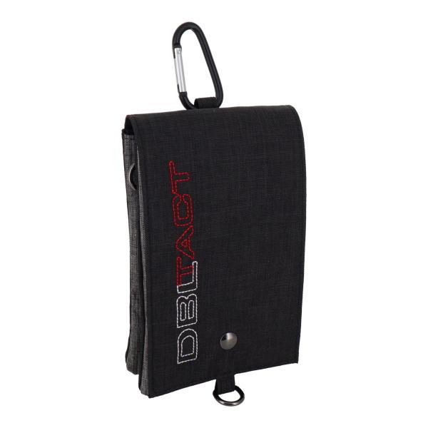 マルチ収納ケース落ち着きのある杢調生地を使用したビジネスライクなデザイン！簡易工具や携帯電話などの収納にスマホ2台持ちに対応カラビナ付きクールなバイカラーカラー：杢グレーサイズ：190(H)ｘ115(W)x25(D)mm重量：110gブラン...