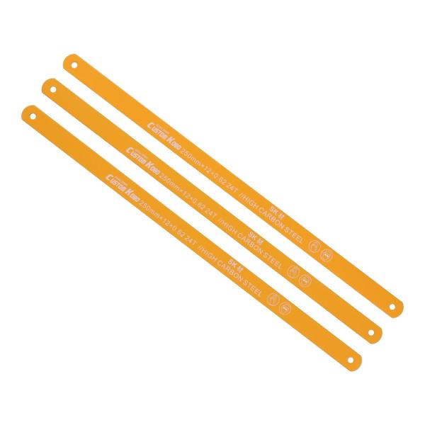 固定フレーム鋸やパイプフレーム鋸に取り付けてご使用下さい。用途：一般金属・鋳鉄用用刃山数：24山入数：3枚入【材質】高炭素鋼（ハイカーボンスチール）ブランド：CUSTOM KOBO販売元：株式会社三共コーポレーション