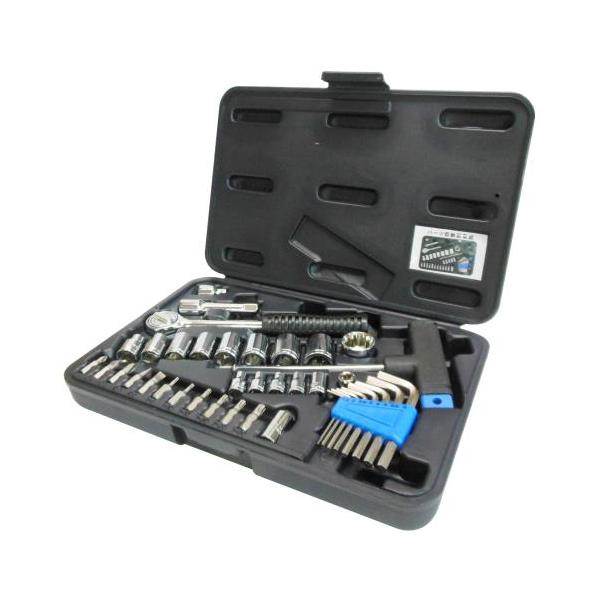 自動車、バイク、自転車のメンテナンスに最適。6.3mm＋9.5mm差込角ソケット各パーツ、完全熱処理済。ソケットはフランクドライブ方式で、ボルト・ナットを傷めずトルクアップ。セット内容（39PCS）ラチェットハンドル9.5mm角エクステンシ...