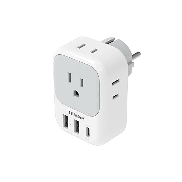 【一台七役SEタイプ変換プラグ】4個のAC差込口、2個のUSB-Aポートと1個のUSB-Cポートを搭載したSEタイプ変換プラグです。まとめて7台の機種が同時に充電できて、コンセント不足の問題が解決できます。コンセントは各方向に分配して、大き...