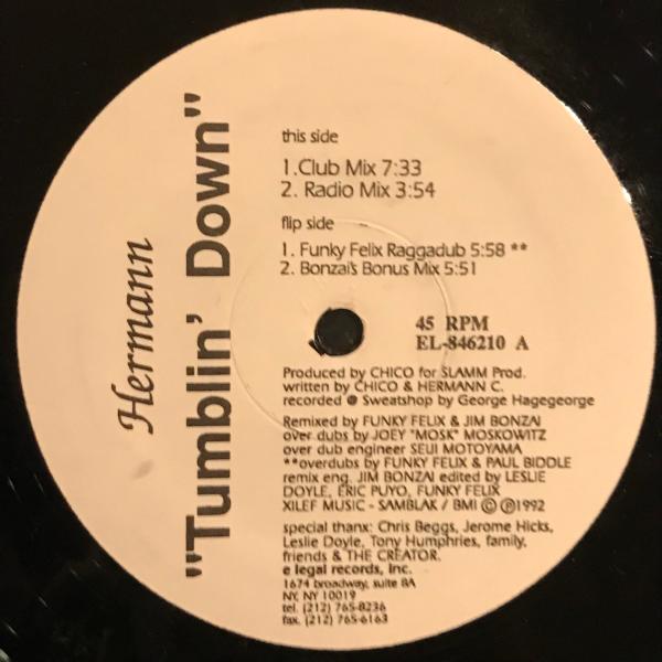 タイトル： Tumblin' Downアーティスト：Hermannメディア：VG+スリーブ：VG+1992年リリース、MKによるRemixが素晴らしい２枚組。個人的には、オリジナルもJim "Bonzai"のRemixも大好きな1枚というか...
