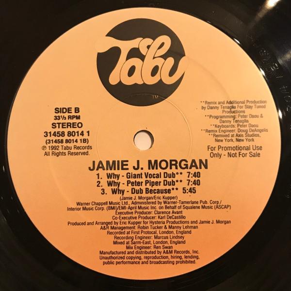 タイトル：Whyアーティスト：Jamie J. Morganメディア：VG+スリーブ：VG+1992年リリース。写真家・作詞家・シンガーとマルチなJamie J. Morganの作品。A面はEric Kupper、B面はDanny Tena...