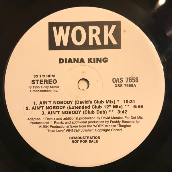 タイトル： Ain't Nobodyアーティスト：Diana Kingメディア：VG+スリーブ：VG+1995年リリース。Chaka Khanのカヴァーで大ヒットした作品。こちらは、プロモ盤なので正規盤とヴァージョンも曲数も違い、A面がDa...