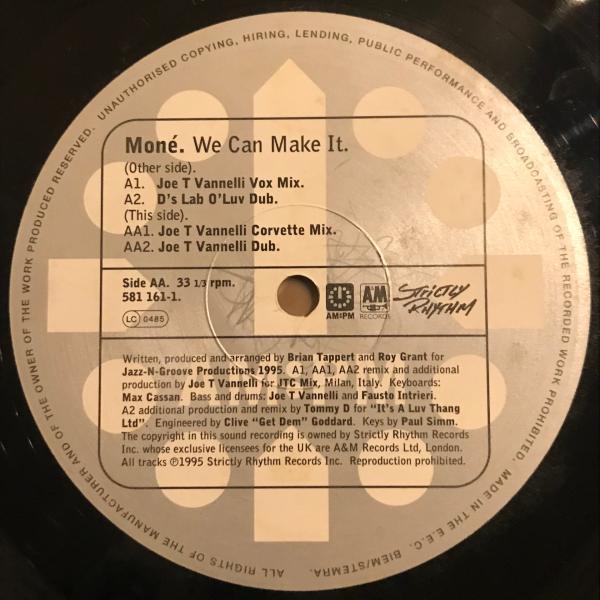 タイトル：We Can Make It ( Joe T Vannelli Remix )アーティスト：Moneメディア：NMスリーブ：Gene誰でも知ってる1995年リリースのビッグヒット。USのStrictlyから２枚組でリリースされたも...
