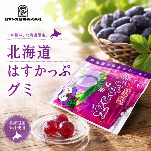 ハスカップの鮮烈な甘酸っぱさを一粒に。ロマンス製菓が贈る、むちむち食感のご当地グミ。アレルギー成分：原材料参照原材料：砂糖(国内製造)、水飴、ゼラチン、ハスカップ果汁、ハスカップエキス、加工油脂、植物油脂、粉末オブラート／ソルビトール、酸味...