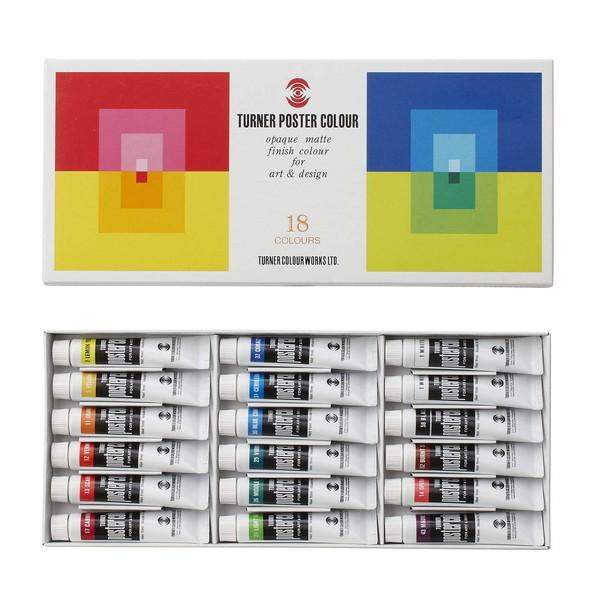 ポスターカラー11ml 18色セットポスターカラーといえば、ターナー一般の不透明水彩絵具の仲間なのに、ムラなくきれいに塗れる、ポスターカラー。あざやかでマットに仕上がり、ナキ・にじみもありません。描きやすさで、広く愛されています。○11ml...