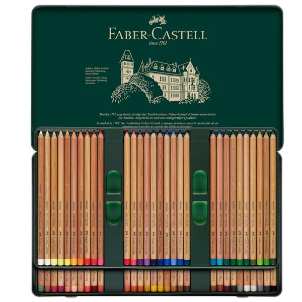 ピットパステル鉛筆60色（缶入り） 手を汚すことなくパステル画が描ける、ナチュラル軸の鉛筆型パステルです。高品質顔料を使用したミディアム芯は耐光性に優れ、細部の描き込みや線だけで描くデッサン画に適しています。 描きやすいやや硬めのミディアム...